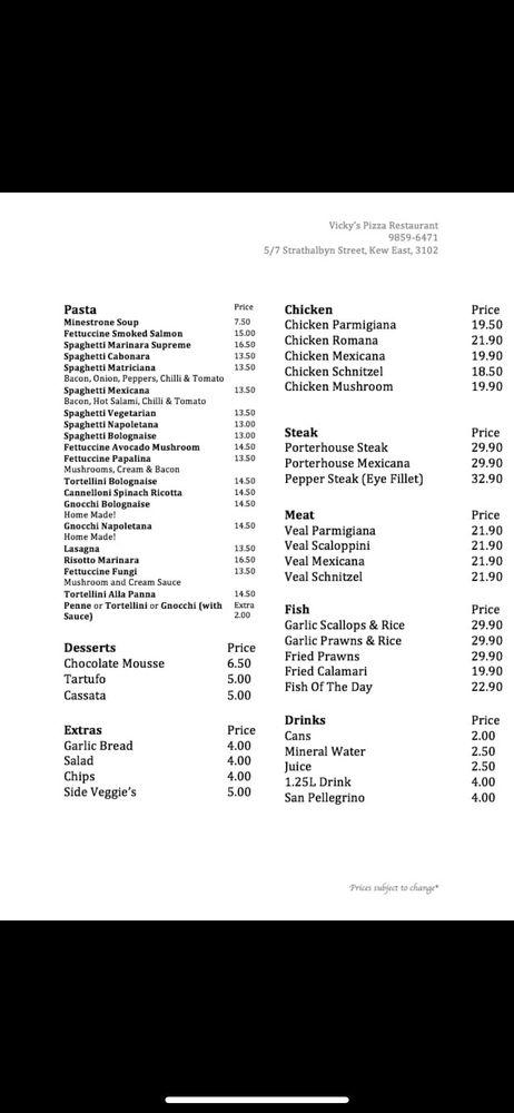 Menu at Vicky's Pizza Restaurant, Kew East