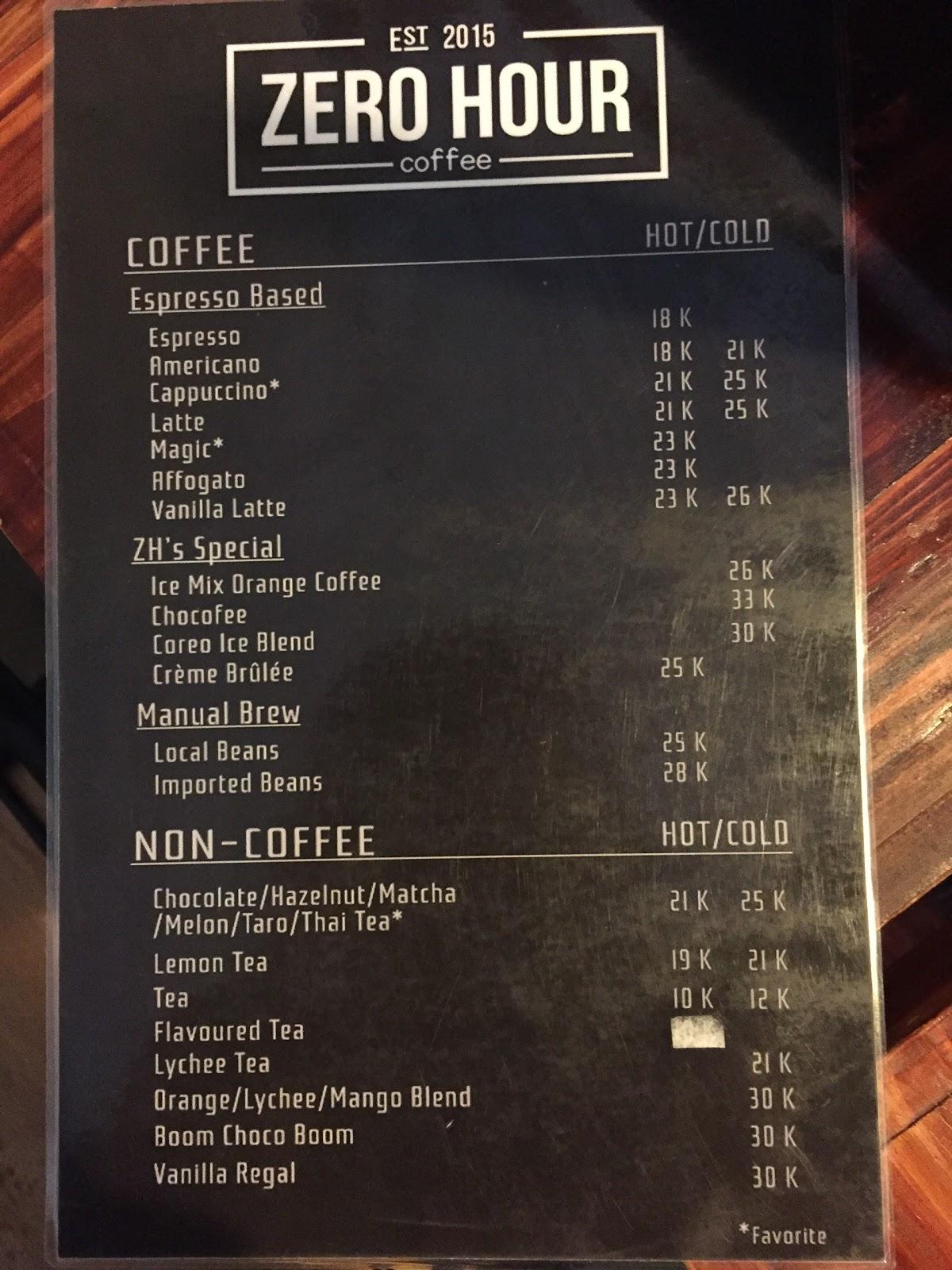 Menu at Zero Hour Coffee, Bandung, Jl. Terusan Martanegara No.20