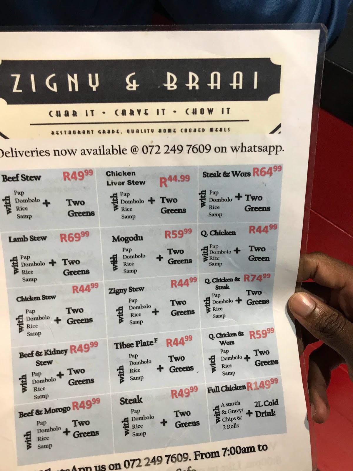 Menu at Zigny & Braai restaurant, Johannesburg, 33 Melle St