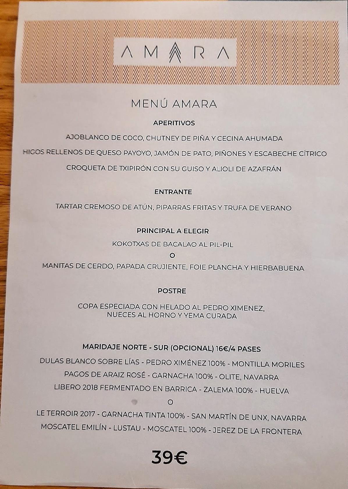 Menu at AMARA Restaurante, Seville