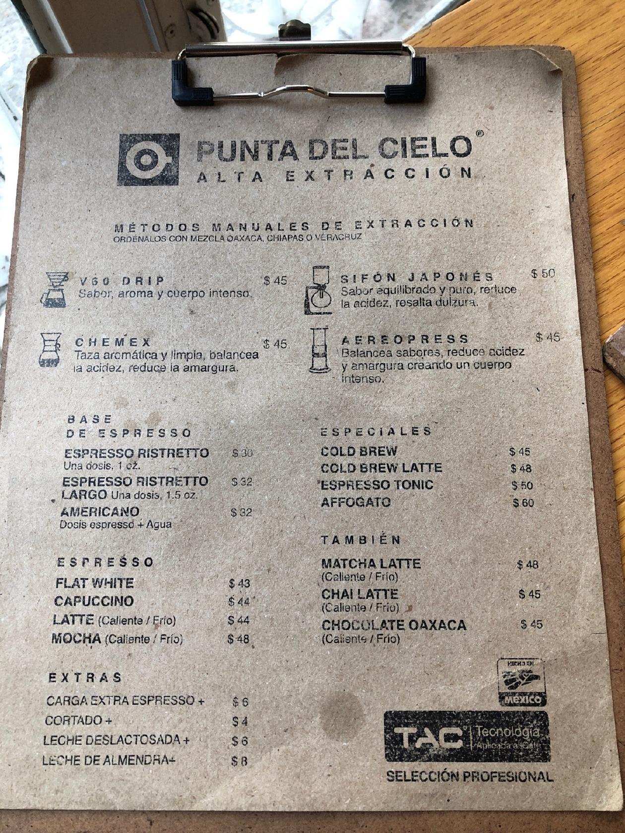 Carta de Café Punta del Cielo Alta Extracción, Ciudad López Mateos