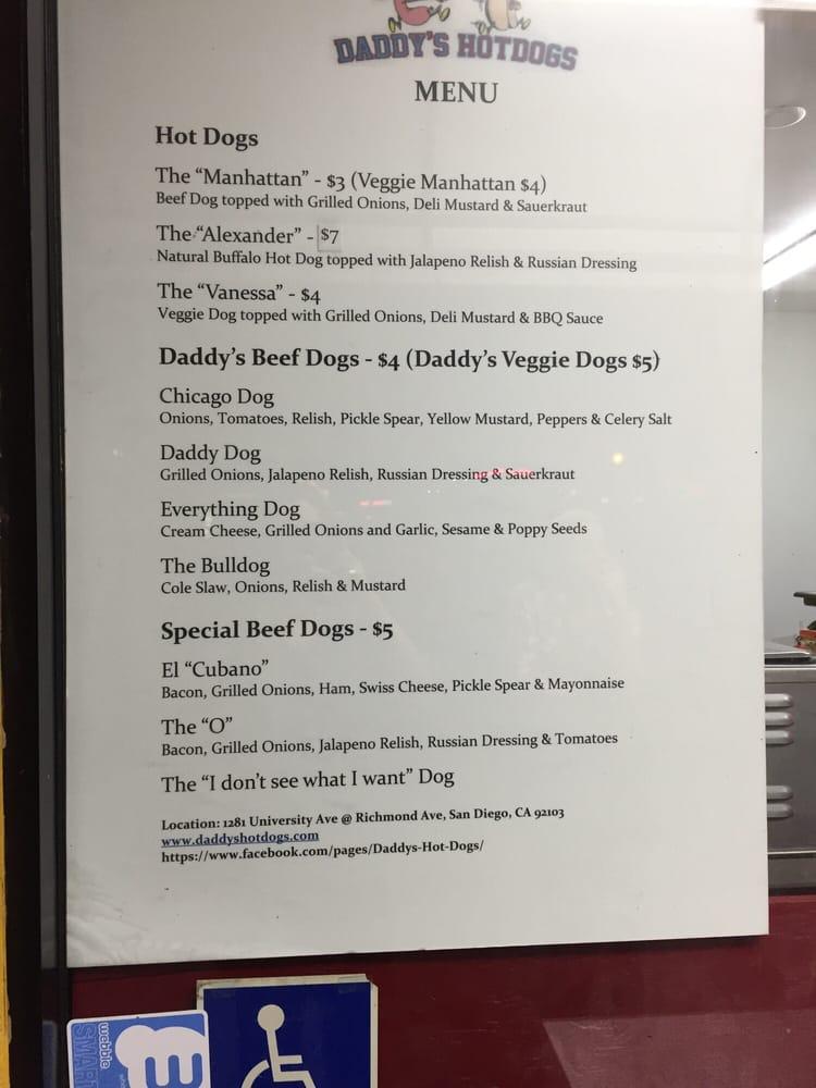 Menu at Daddy's Hot Dogs restaurant, San Diego