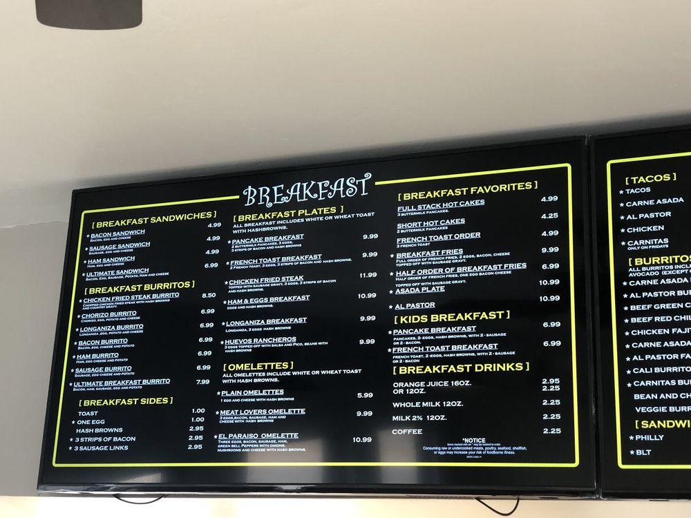 Menu at El Paraiso Tacos & Burgers restaurant, Kingman, Gordon Dr
