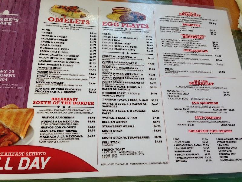 Menu at Jorge's Cafe, Ruidoso Downs, US-70