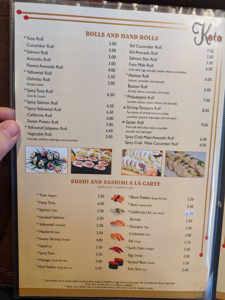 Menu at KOTO Japanese Sushi&Steak House restaurant, Clemmons