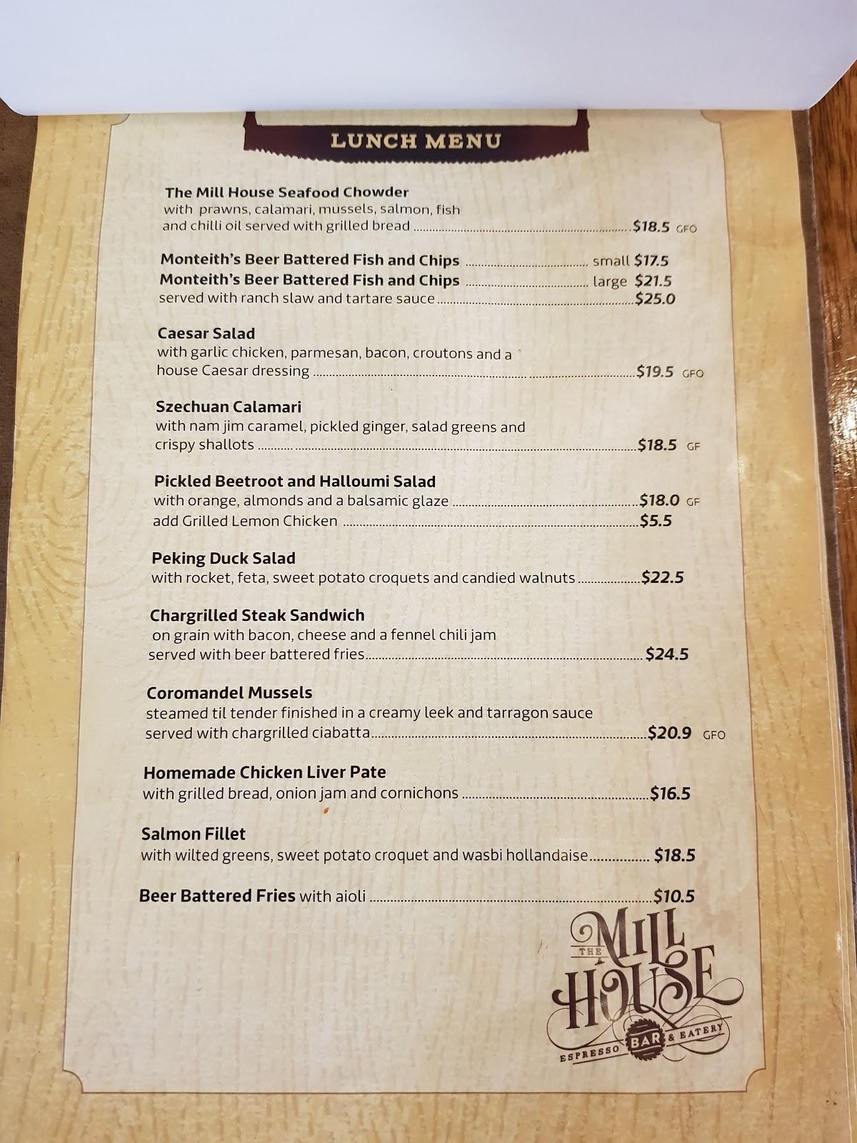 Menu at The Mill House restaurant, Tauranga