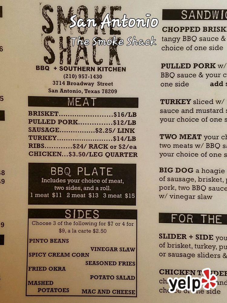 Menu at Smoke Shack BBQ, San Antonio