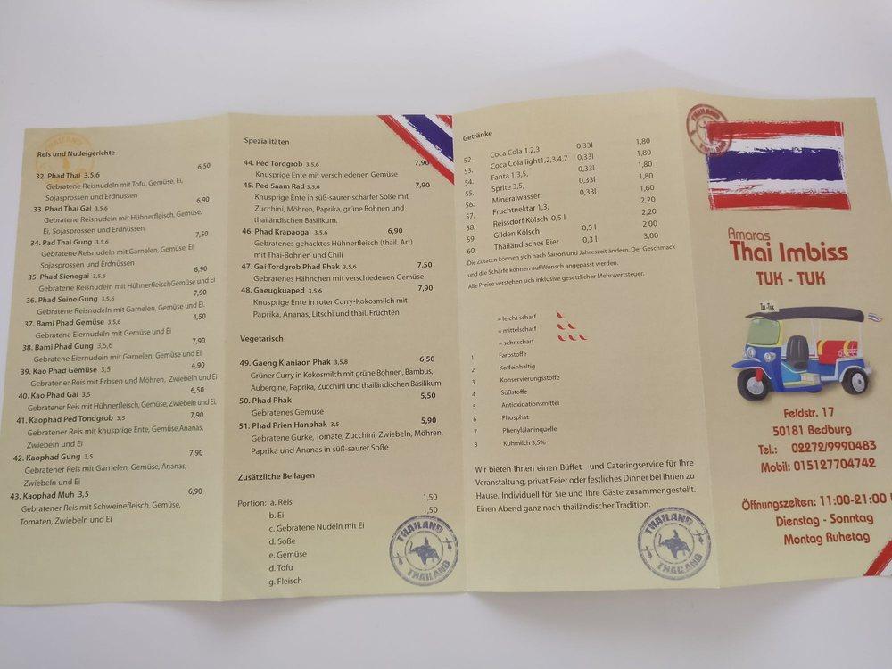 Menu at Tuk-Tuk Thai Imbiss restaurant, Bedburg
