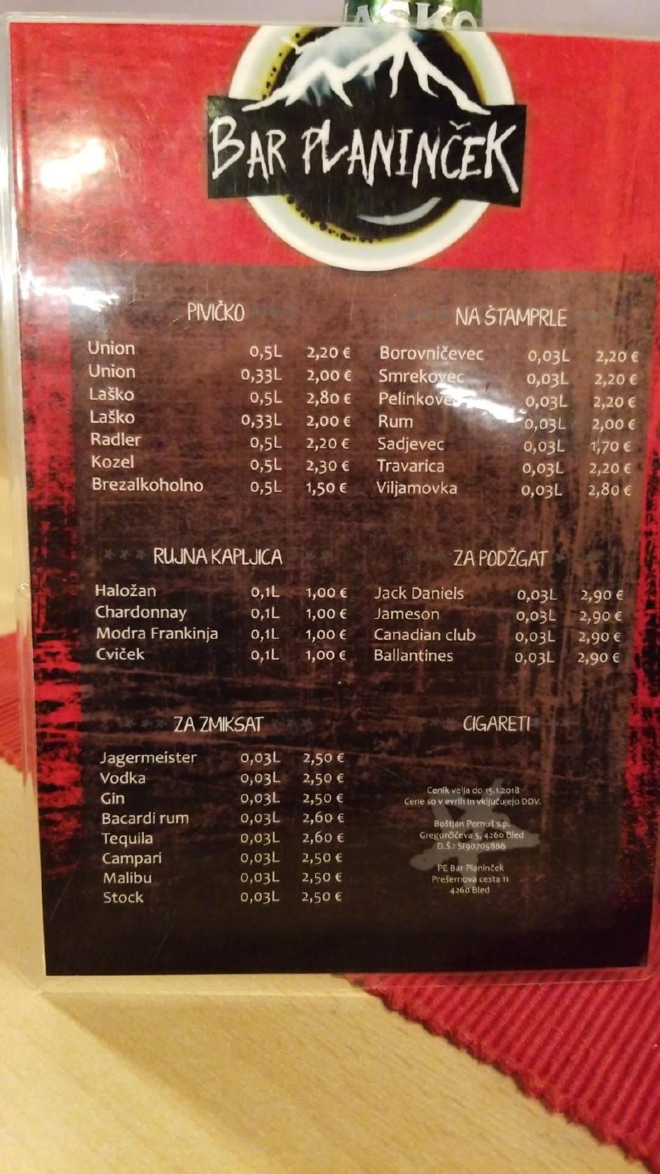 Speisekarte von Bar Planinček, BLED, Bled