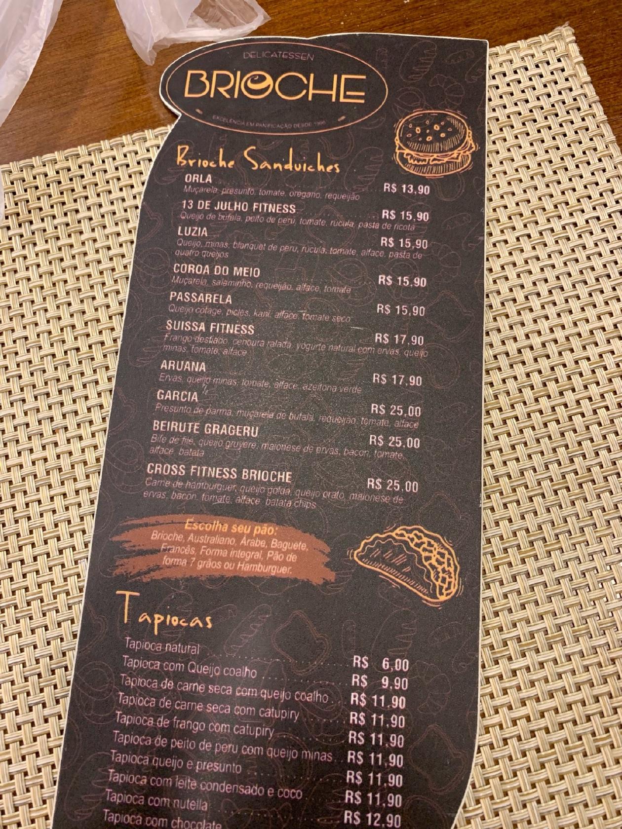Menu at Brioche cafe, Aracaju