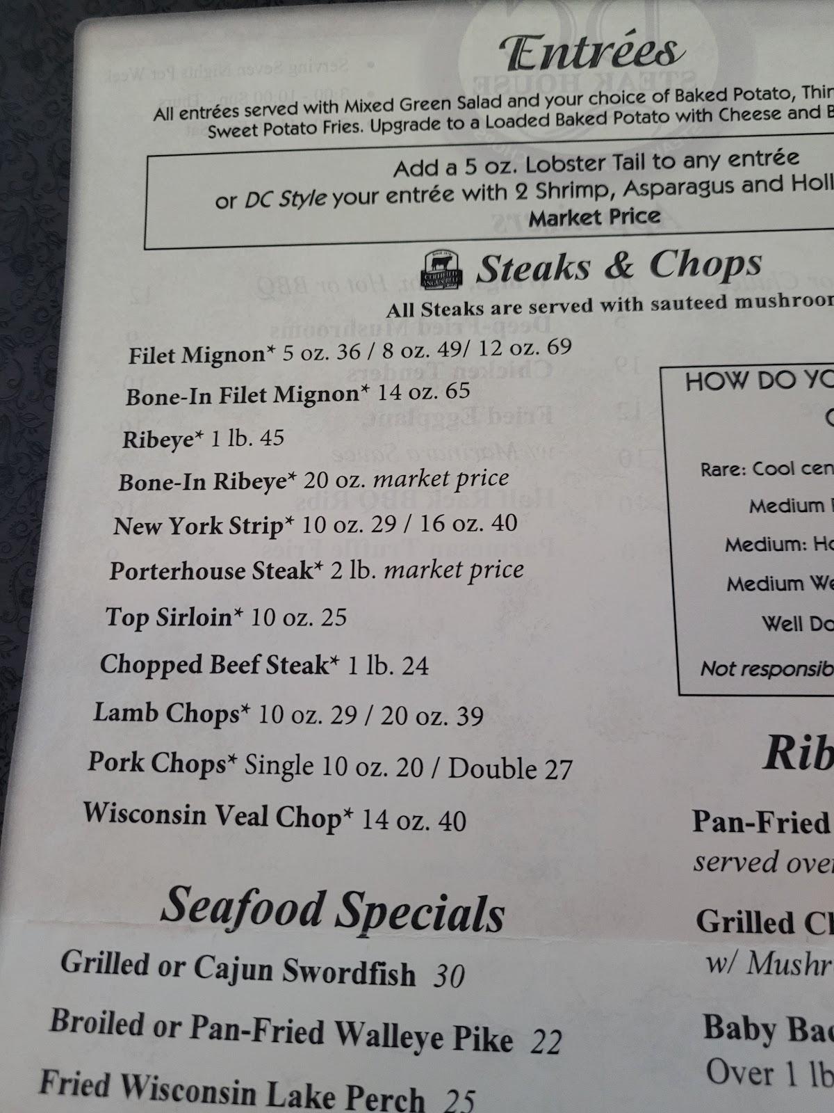 Carta del pub y bar DC Steak House, Chandler