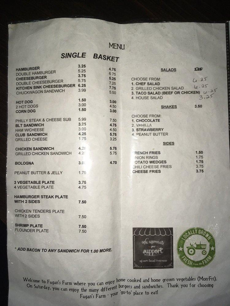 Menu at Fagan's Farm restaurant, Ellenboro