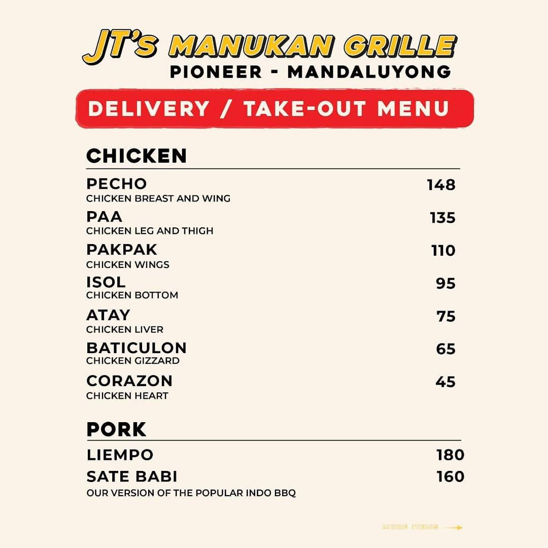 Menu at JT’s Manukan Grille Pioneer restaurant, Mandaluyong
