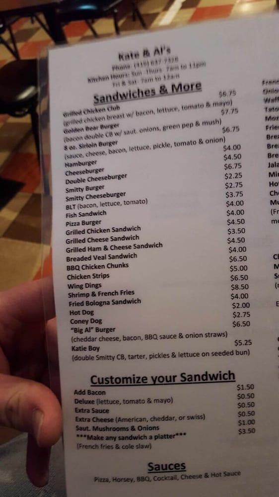 Menu at Kate & Al's Bar and Grill, Gibsonburg