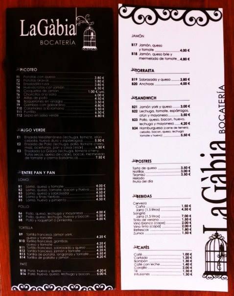 Menu at La Gàbia Bocateria restaurant, Benicàssim