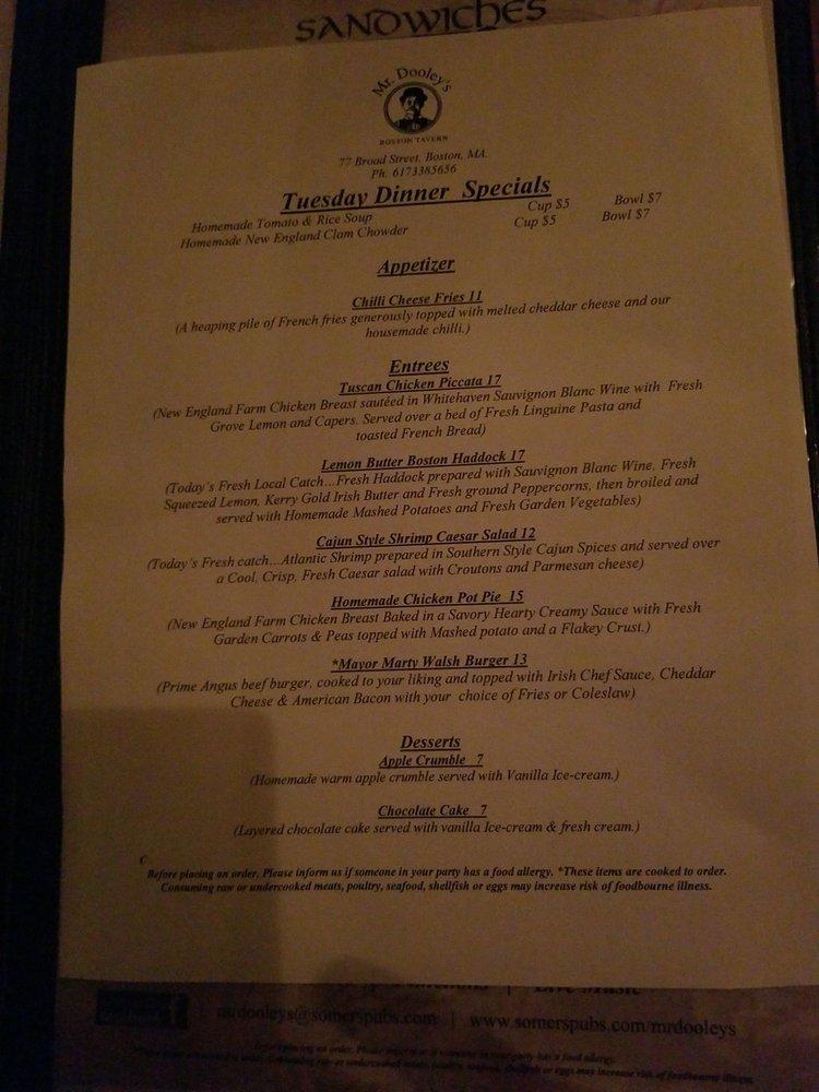 Menu at Mr. Dooley's Boston pub & bar, Boston