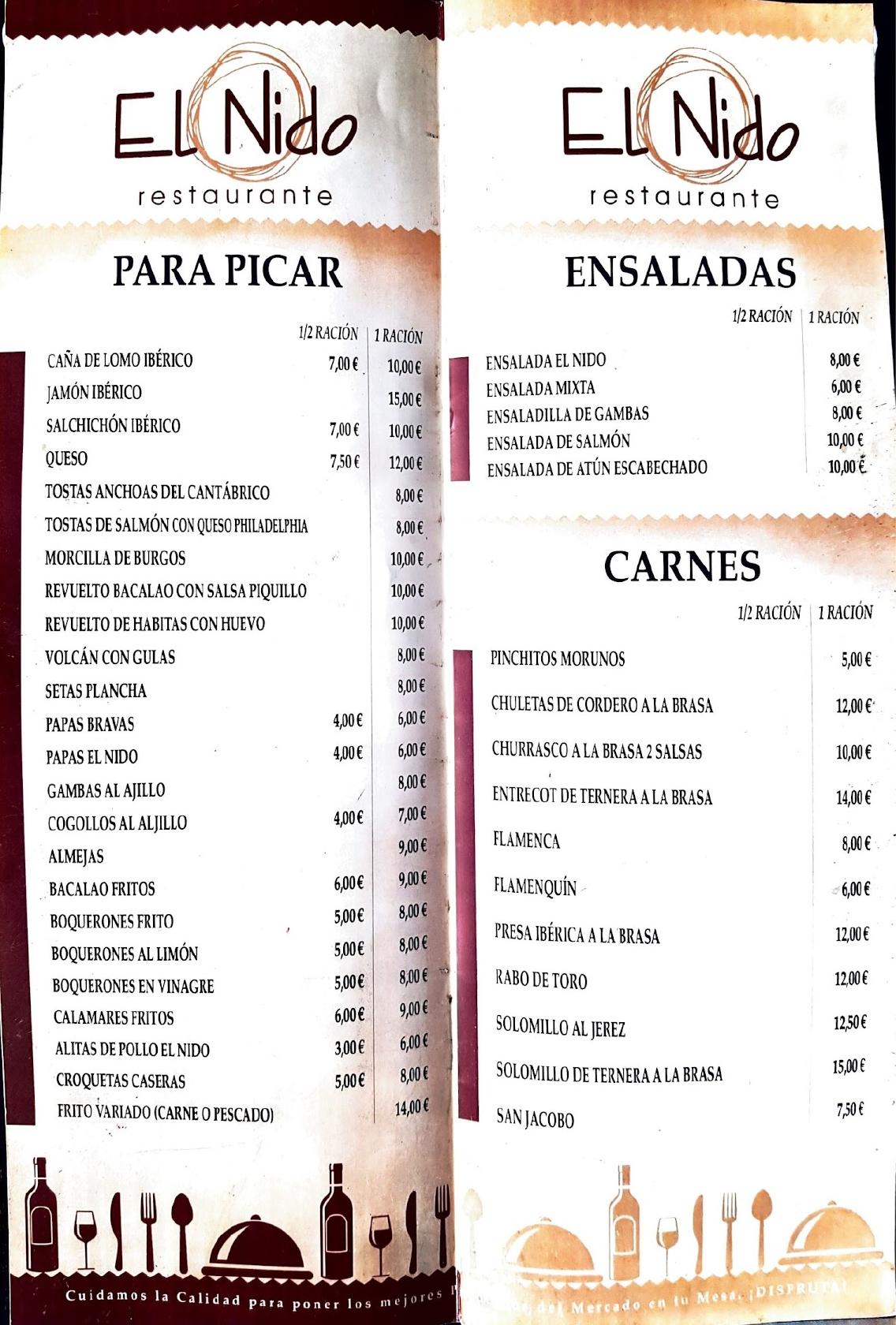 Carta de Restaurante El Nido, Aguilar de la Frontera, Av. Bernat Soria