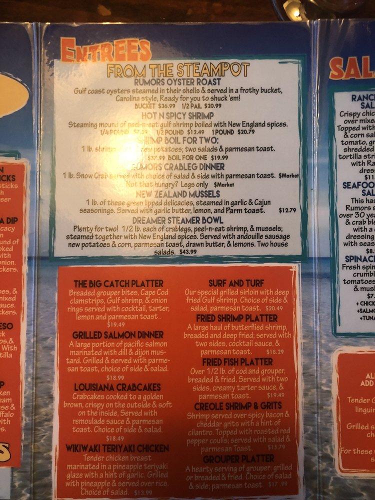 Menu at Rumors Restaurant, Louisville