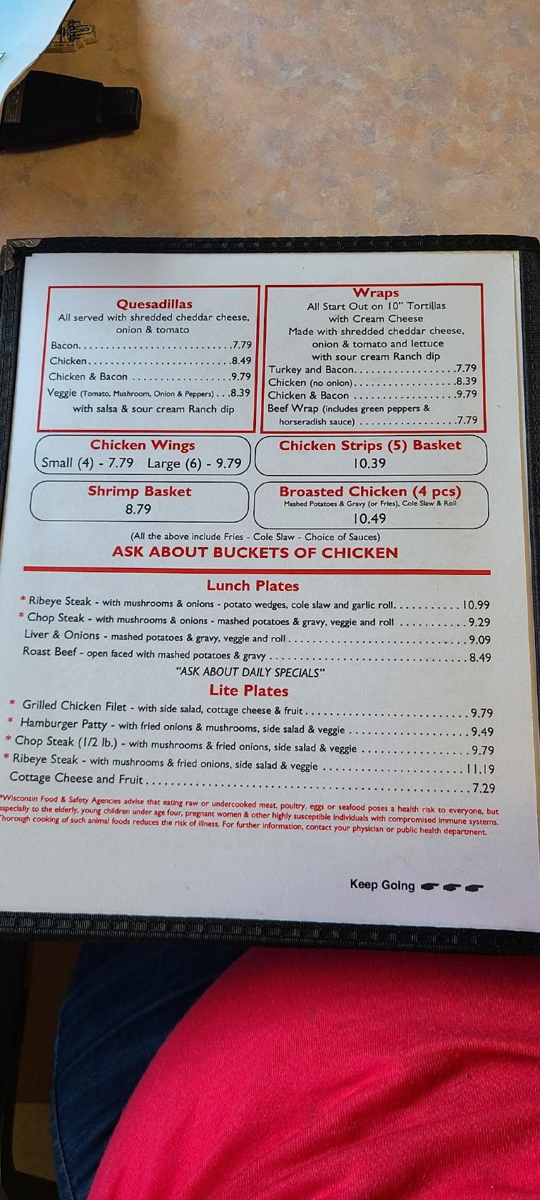 Menu at Sparks Grill restaurant, Montello