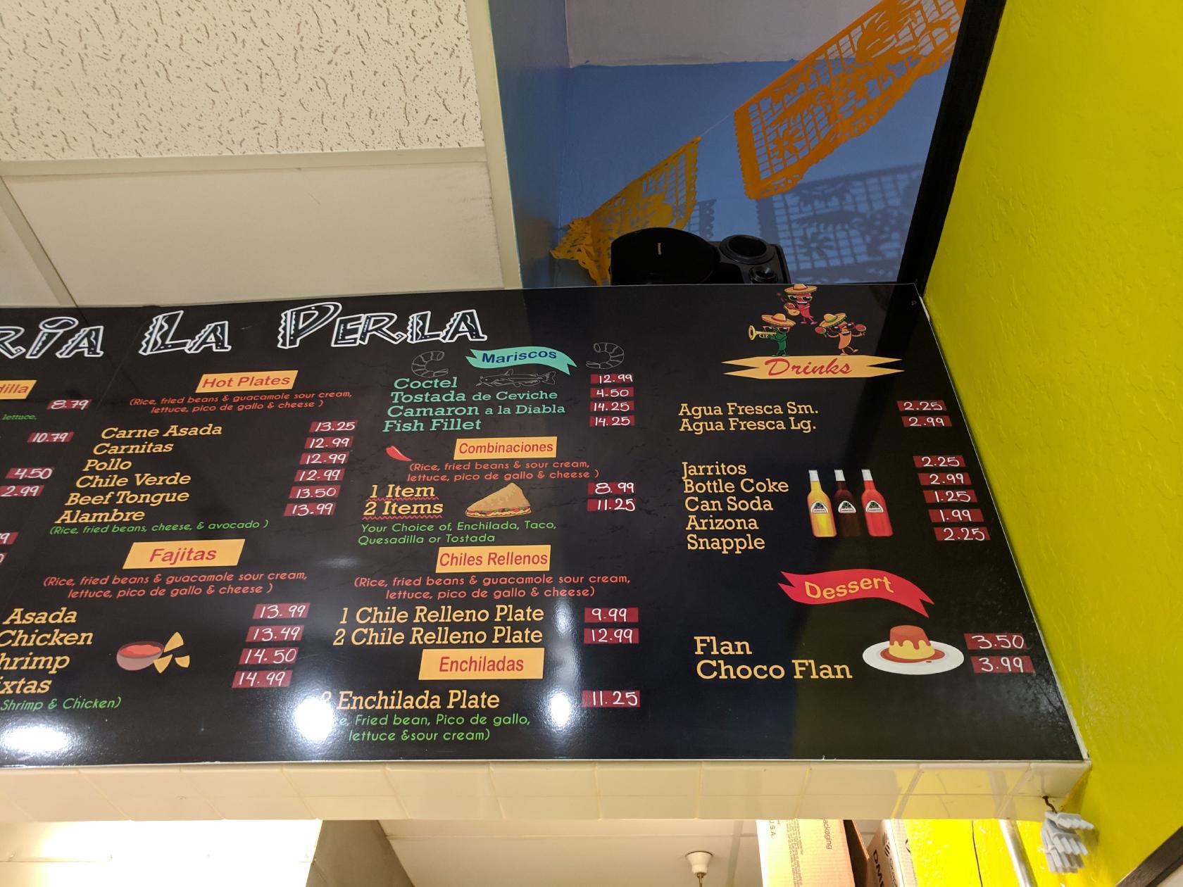 Menu at Taquería La Perla restaurant, Pacifica