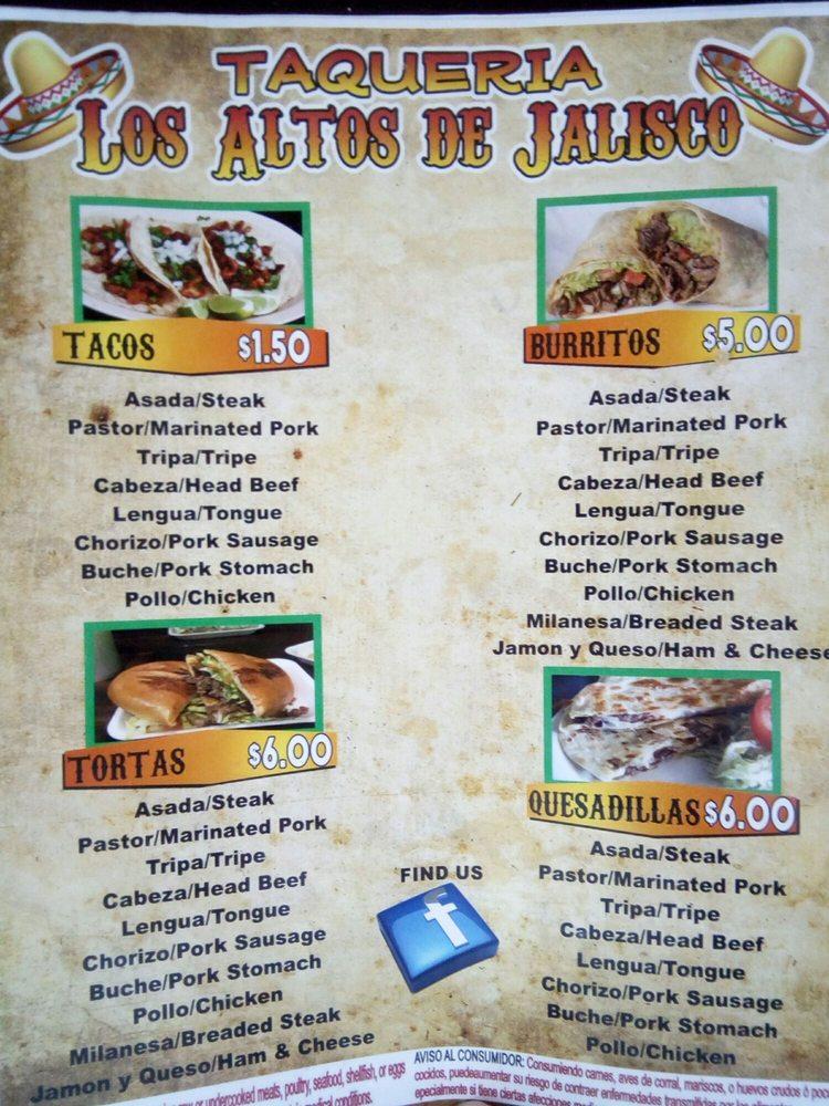 Menu at Los Altos Jalisco restaurant, Kansas City