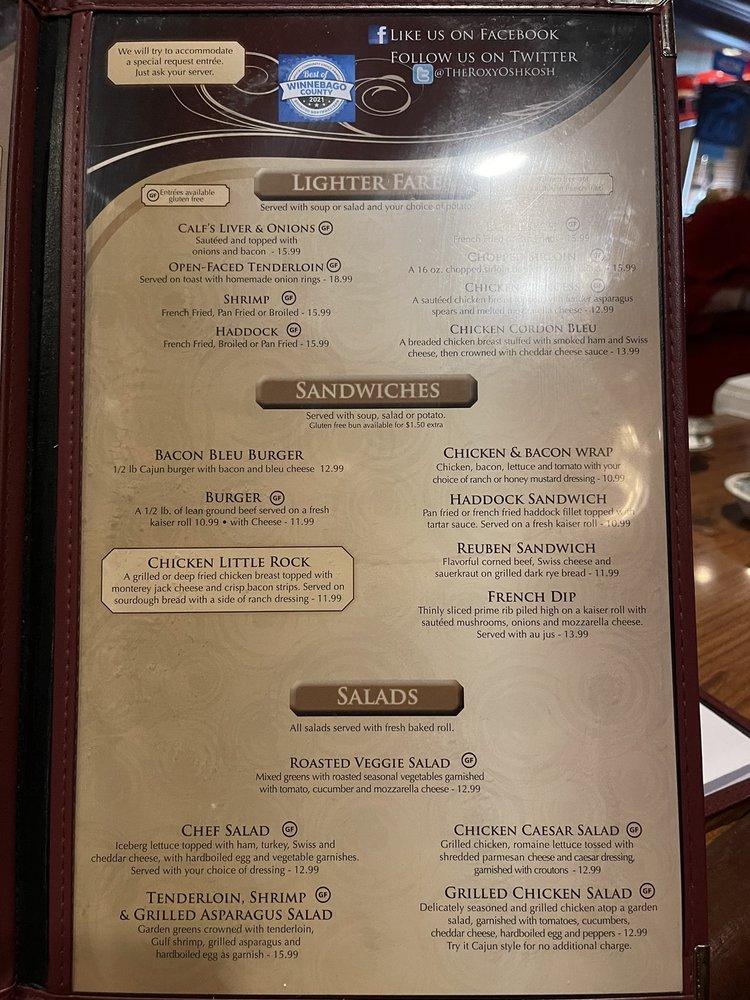 Menu at The Roxy Supper Club, Oshkosh