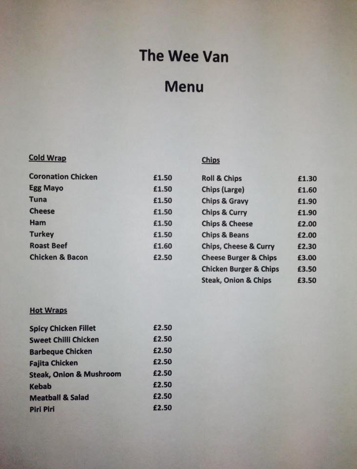 Menu at The Wee Van restaurant, Glasgow
