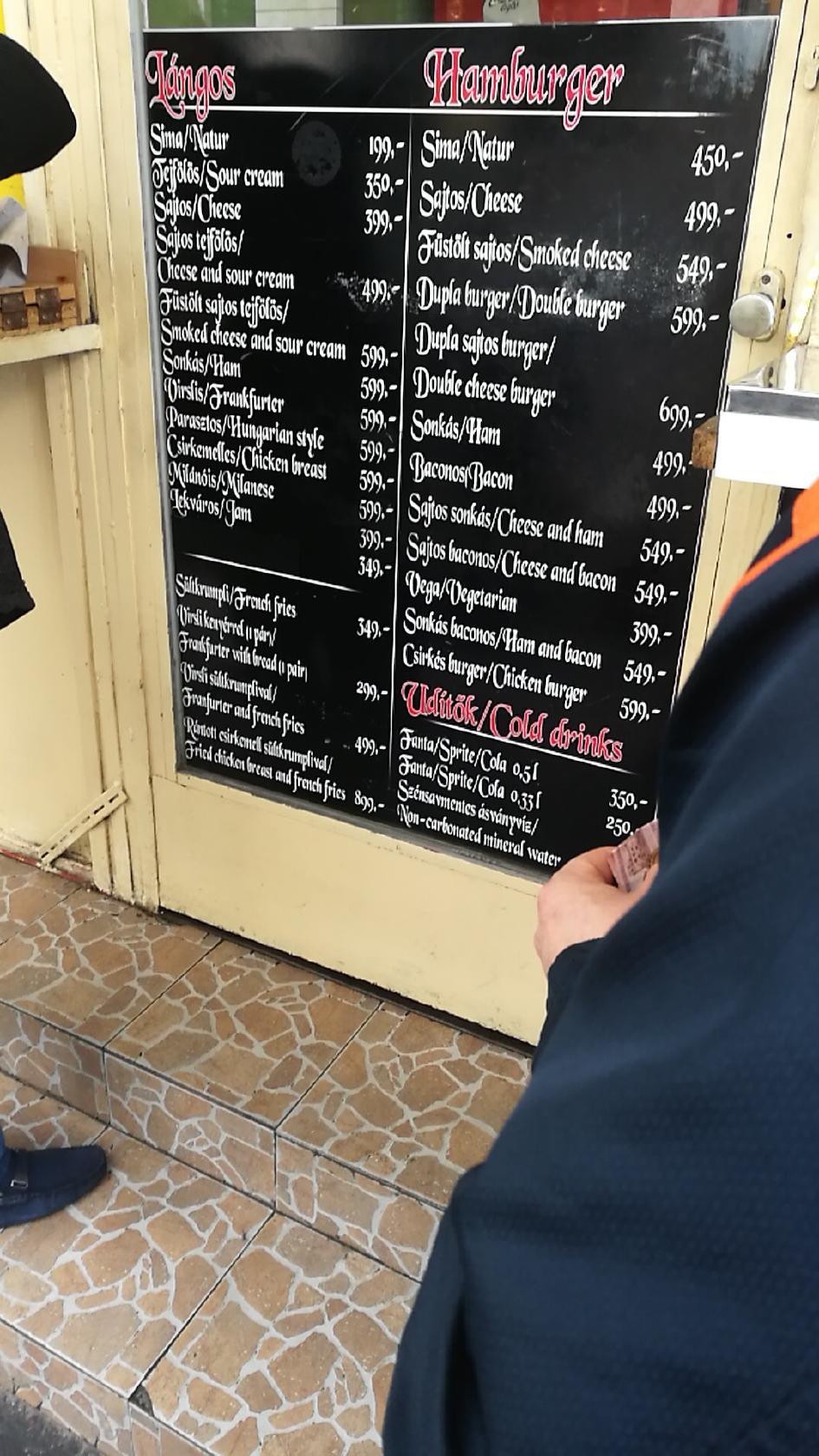 Menu at Tomi Lángos restaurant, Budapest