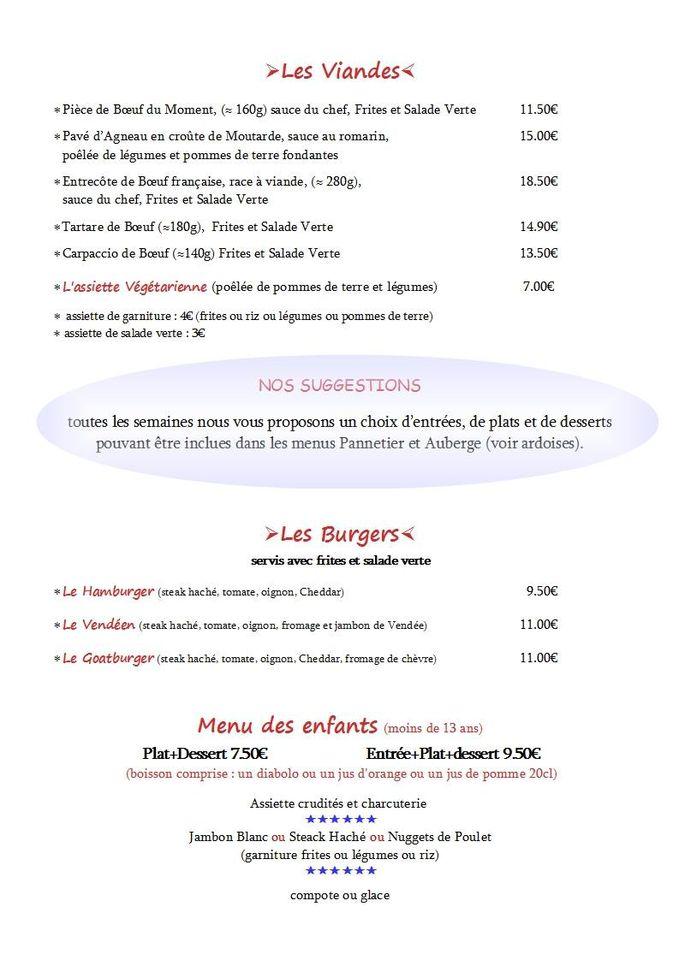 Menu au Auberge de Maître Pannetier pub et bar, Vouvant