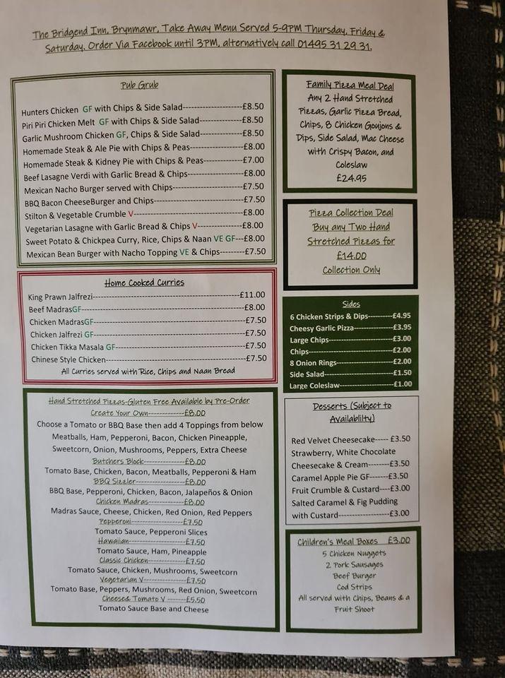 Menu at Bridgend Inn pub & bar, Ebbw Vale