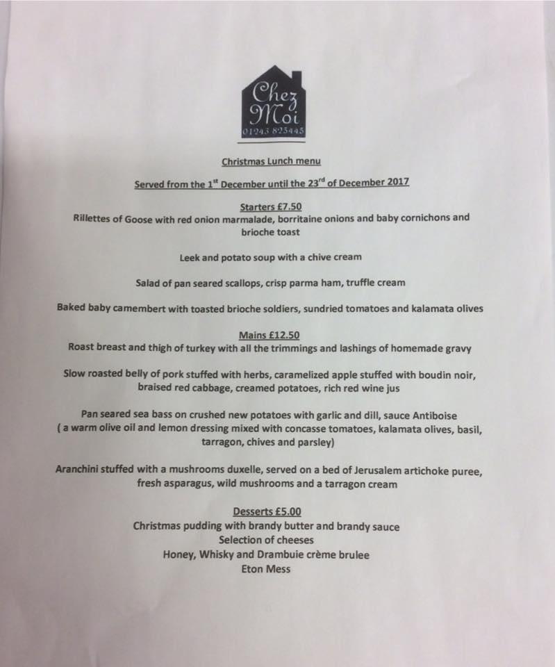 Menu at Chez Moi restaurant, Bognor Regis