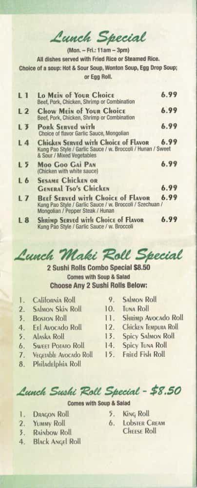 Menu at CHOPSTIX restaurant, Kingsville