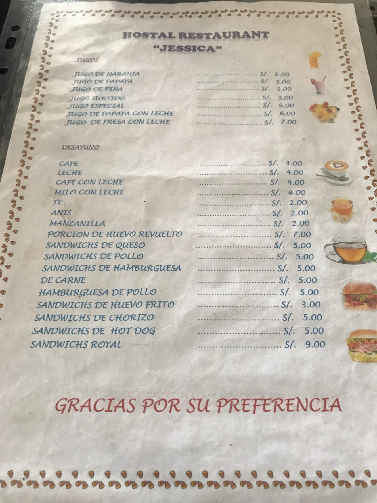 Menu at Hotel & Restaurante Jessica, Huarmey