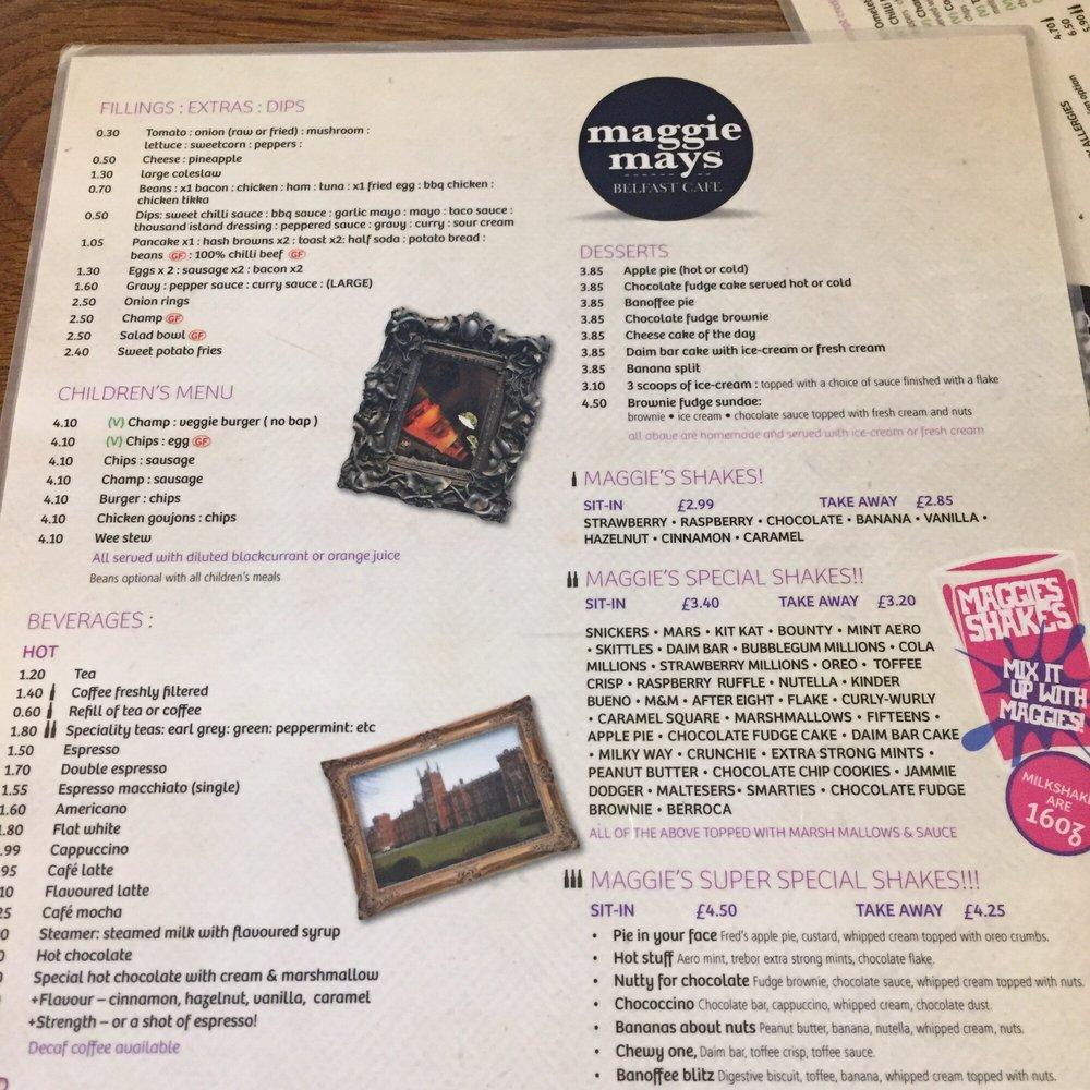 Menu at Maggie Mays Belfast Cafe, Belfast, 2 Malone Rd