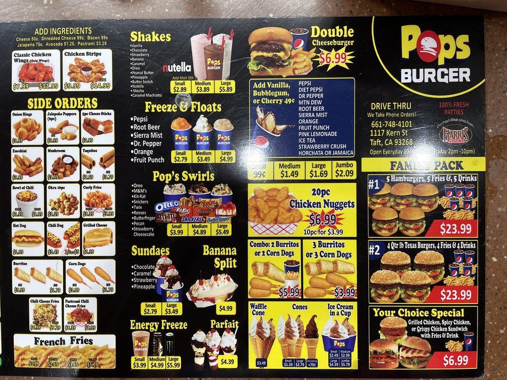 Menu at Pop's Drive-in restaurant, Bakersfield, Taft Hwy