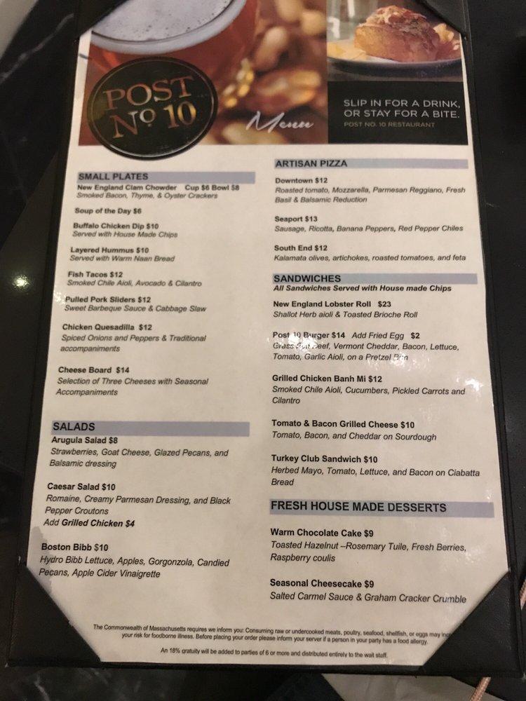 Menu at Post No. 10 pub & bar, Boston