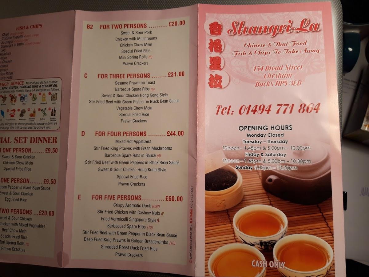 Menu at Shangri-La fast food, Chesham