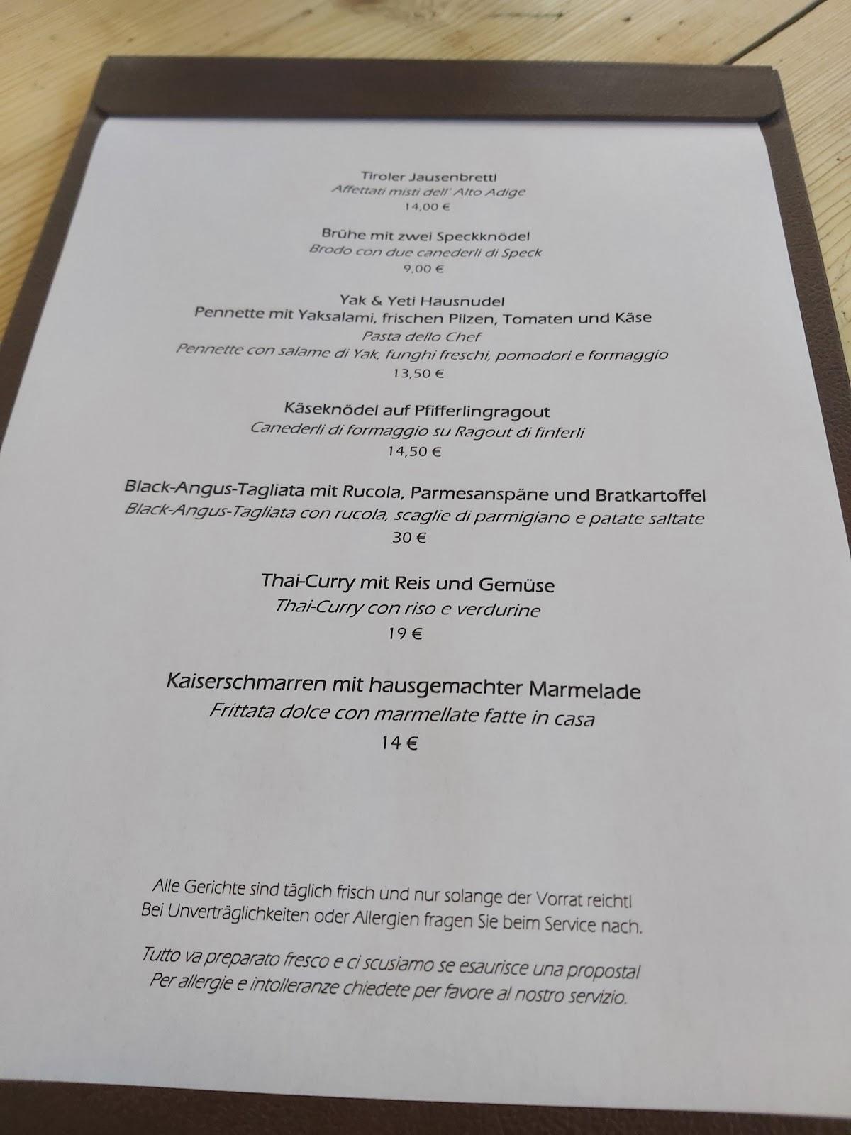 Speisekarte von Yak & Yeti restaurant, Sulden, Forststraße