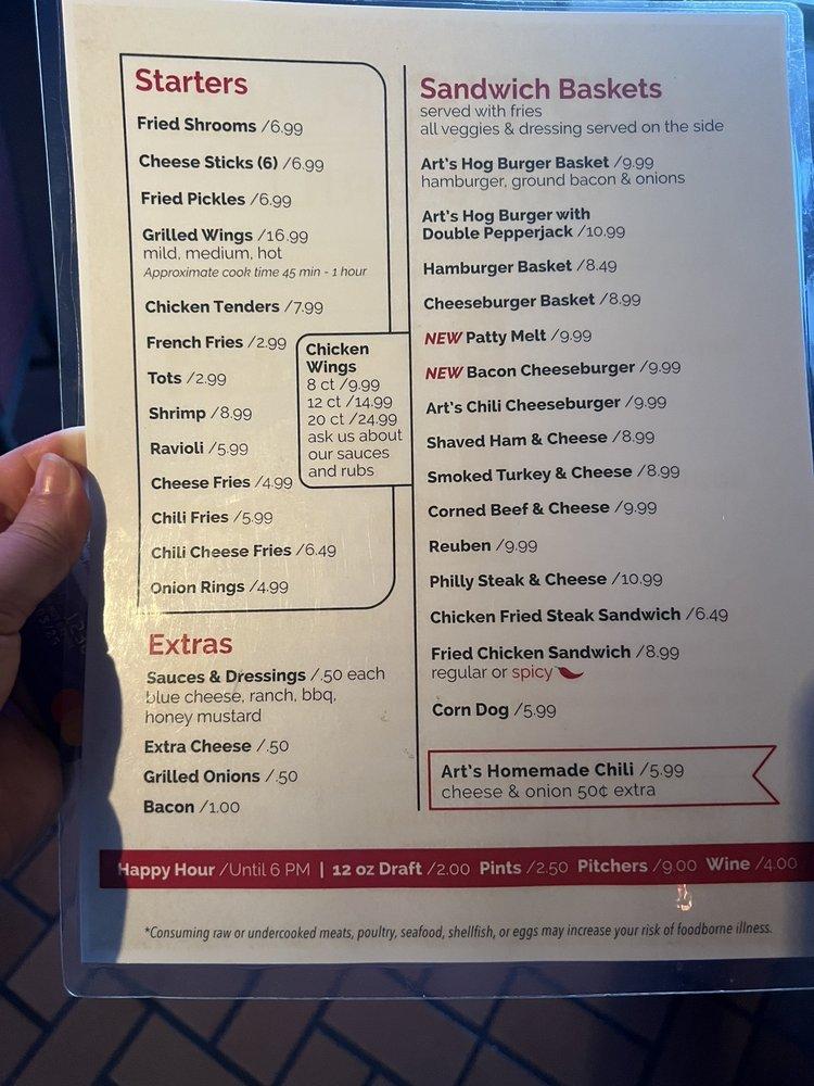 Menu at Art's Place pub & bar, Fayetteville