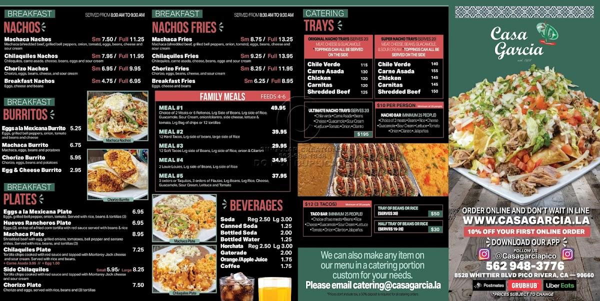 Menu at Casa Garcia restaurant, Pico Rivera, Whittier Blvd
