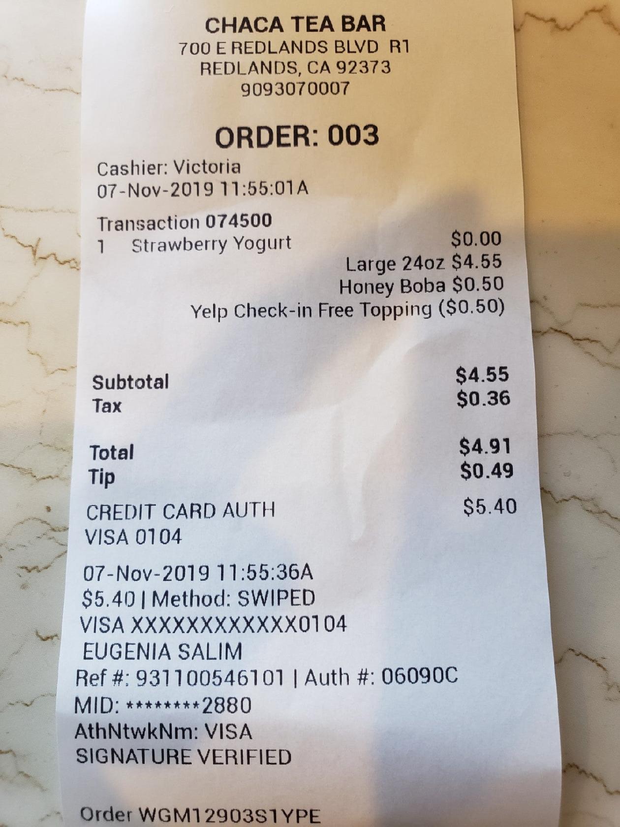 Menu at Chaca Tea Bar, Redlands