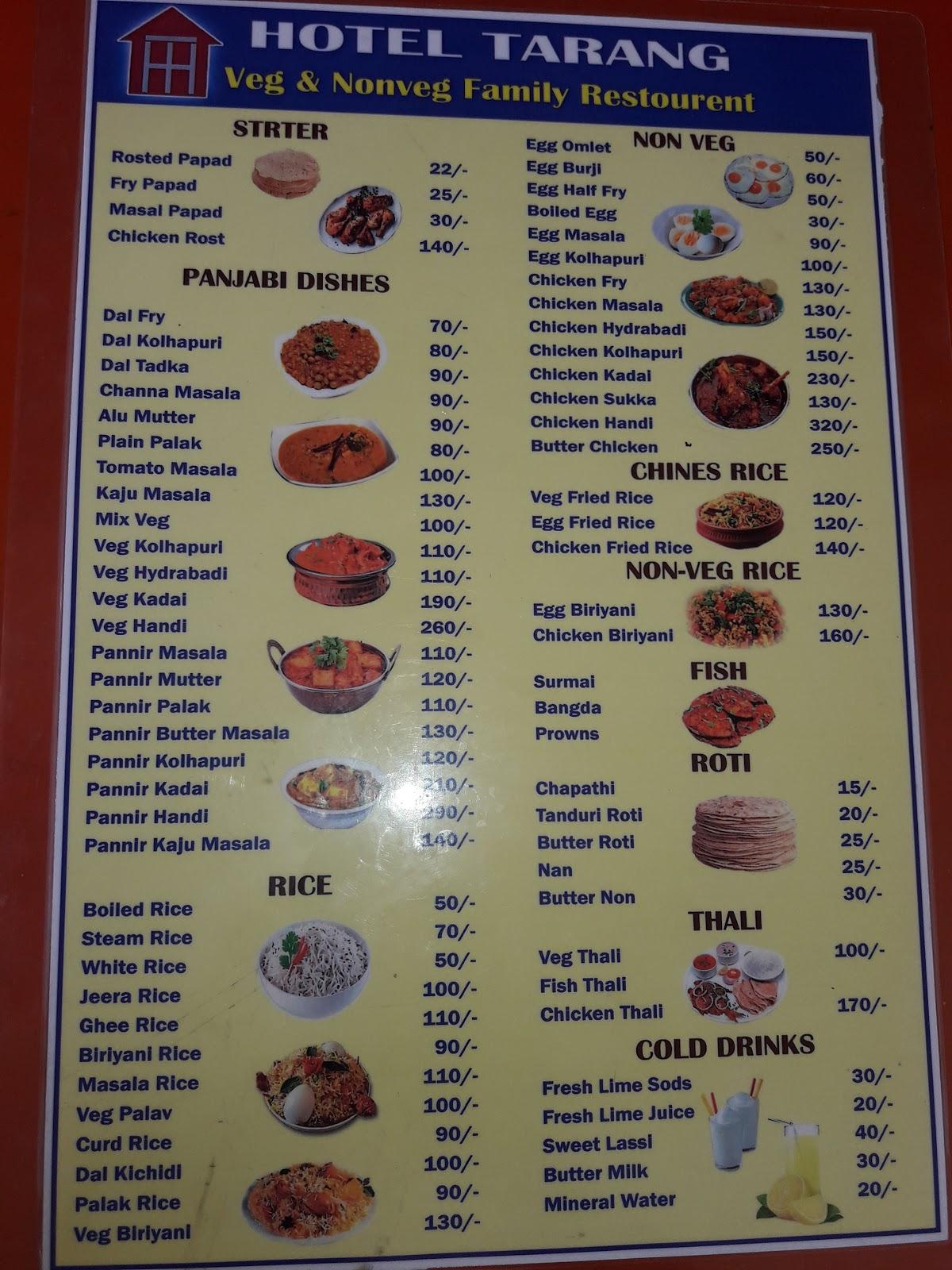 Menu at Hotel Tarang, Ankola