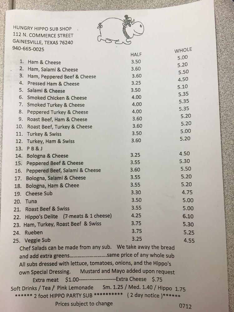 Menu at Hungry Hippo Sub Shop, Gainesville