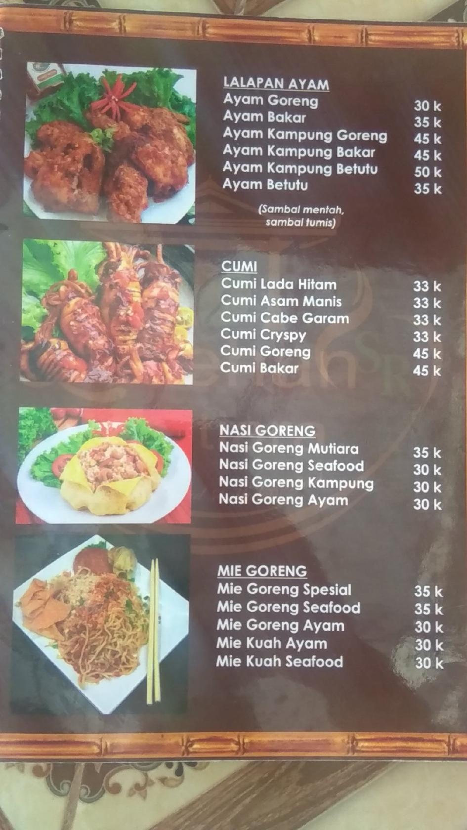 Menu at Lesehan Mutiara restaurant, Karang Senang