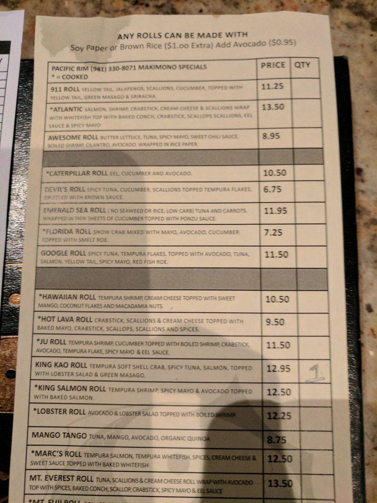 Menu at Pacific Rim restaurant, Sarasota