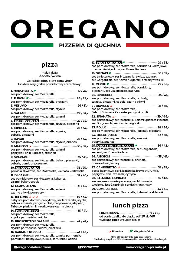 Menu at Pizzeria Oregano, Aleksandrow Lodzki