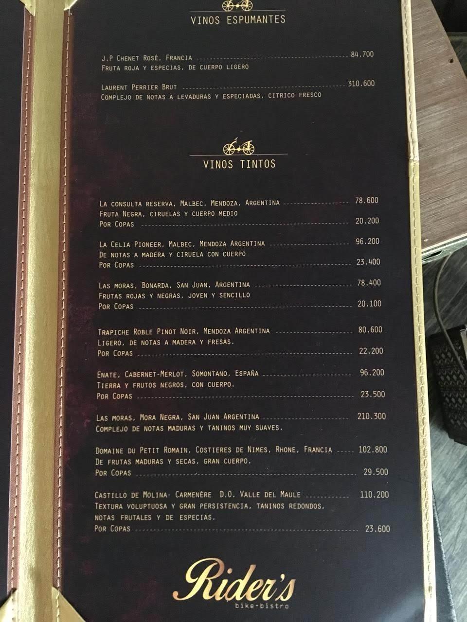 Menu at Rider's bike-bistro restaurant, Valledupar