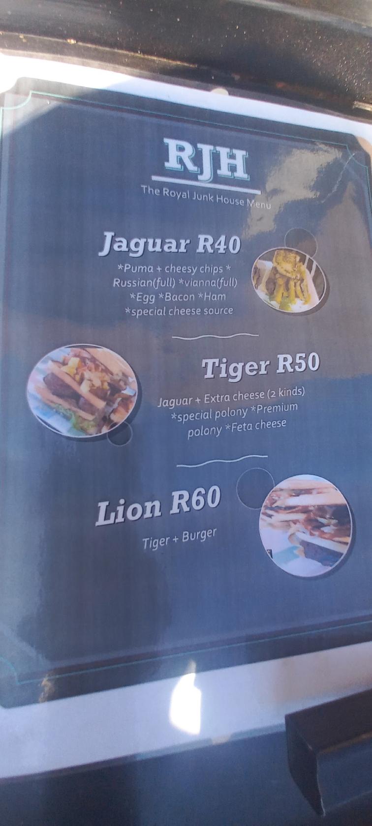 Menu at Royal House restaurant, South Africa