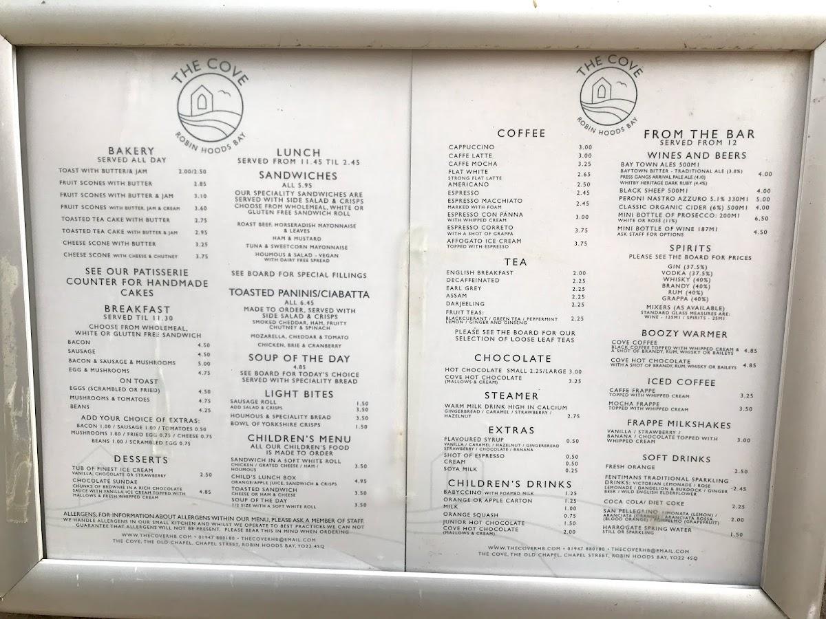 Menu at The Cove • Cafe Bar Venue, Robin Hood's Bay