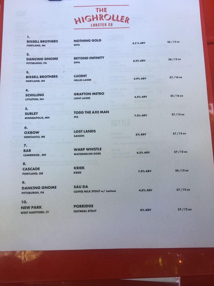 Menu at The Highroller Lobster Co. pub & bar, Portland